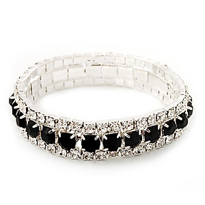 Avalaya Black & Clear Diamante Flex Bracelet (Silver Tone Metal) - 18cm Length