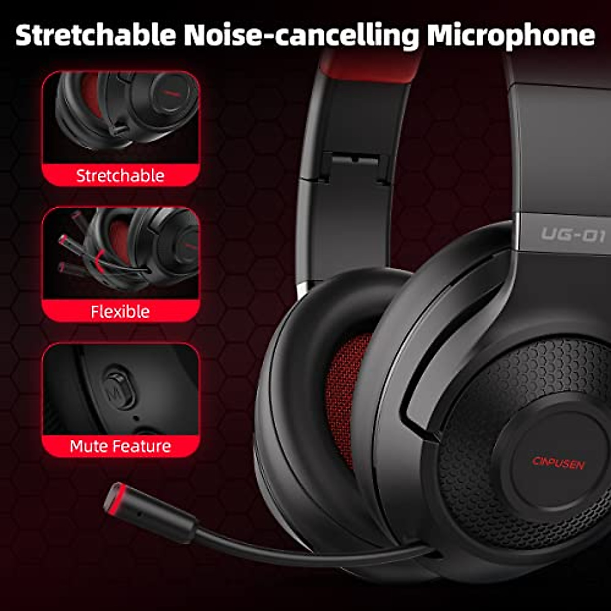 2.4Ghz Wireless Gaming Headset for PC, PS5, PS4, MacBook, with Microphone, Over-Ear Bluetooth Headphones for Cell Phone, Soft Earmuff - 40 Hours Playtime, Only Wired Mode for Xbox Series, Red
