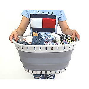 SAMMART 25L (6.6 gallon) Collapsible Plastic Laundry Basket - Foldable Pop Up Storage Container/Organizer - Portable Shopping Basket - Space Saving Hamper (Oval set of 2, Dark Grey)