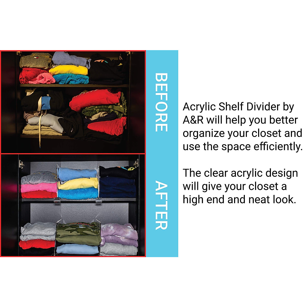 A & R 8 Pack Acrylic Shelf Dividers for Closet - Clear Shelf Organizer for Clothes - Adjustable Storage Separators in Bedroom and Office - Suitable for Wooden or Vertical Shelves