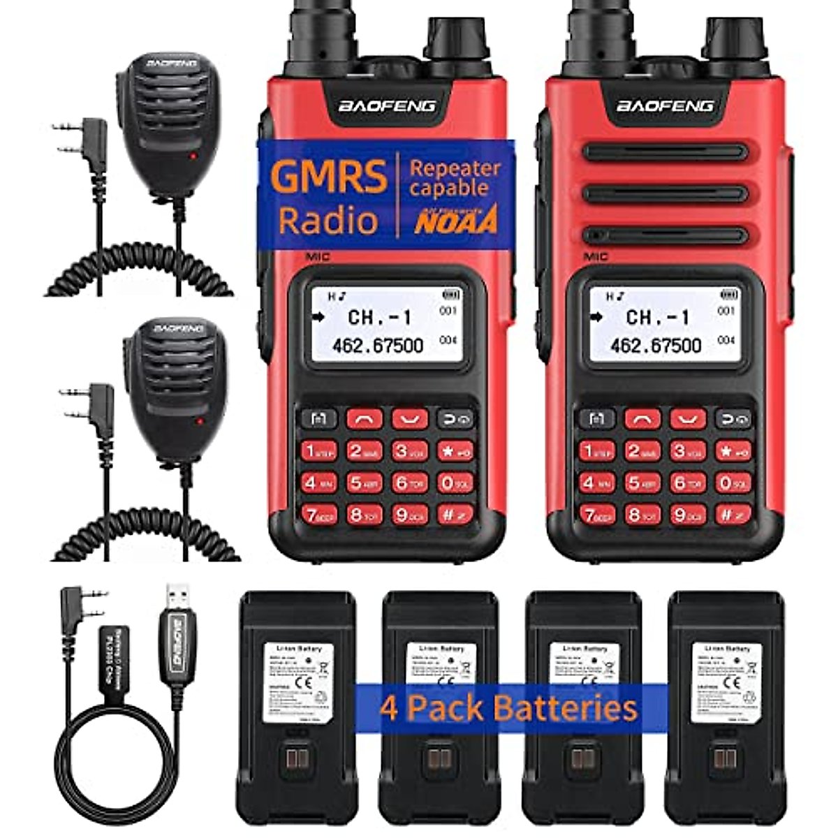 BAOFENG GM-15 Pro GMRS Radio Long Range Walkie Talkies Rechargeable NOAA Weather Alerts & Scan Two Way Radio,GMRS Repeater Capable with Extra Battery Programming Cable Speaker Mic etc Full Kits
