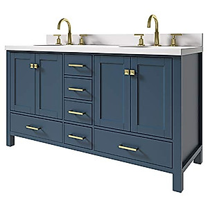 ARIEL Double Bathroom Vanity 61" Inch in Midnight Blue with Pure White Quartz Countertop, Oval Sinks, 4 Soft Closing Doors and 6 Full Extension Dovetail Drawers, No Mirror