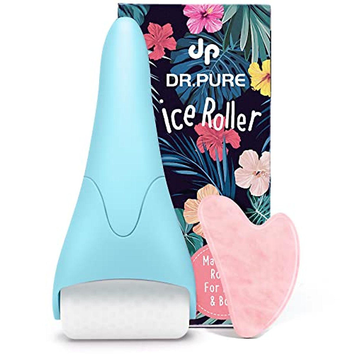 Dr. Pure Ice Roller for Face Massage, Jade Facial Tools for Reduce Puffiness Anti Wrinkle Relief Tighten Skin, Face Icing Massager Facial Roller, Women Skin Care Tool Blue + Rose Quartz