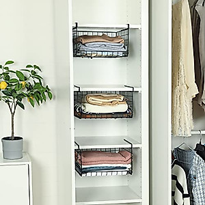 3-Tier Under Closet Shelf Basket Hanging Clothes Storage Organizer Slides Under Shelves Space Saving Stackable Cabinet Bins Foldable Metal Wire Rack with 2 Hooks for Clothing Sweaters Bedroom