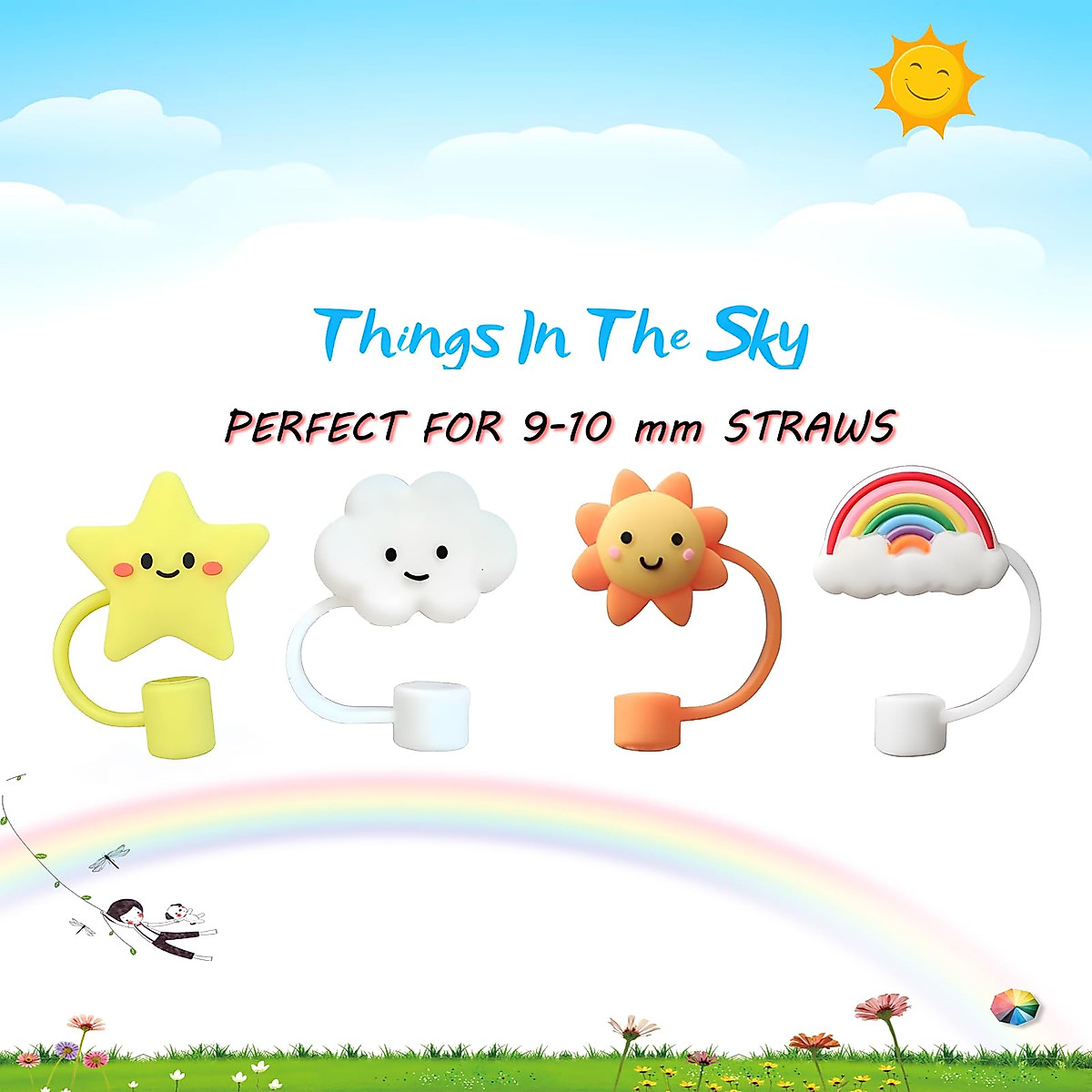 Straw Cover Cap for Stanley Cup, 4pcs 0.4in 10mm Diameter Reusable Dust-Proof Straw Topper Compatible with Simple Modern and Tumbler with Lid and Straw (4pcs sky set)