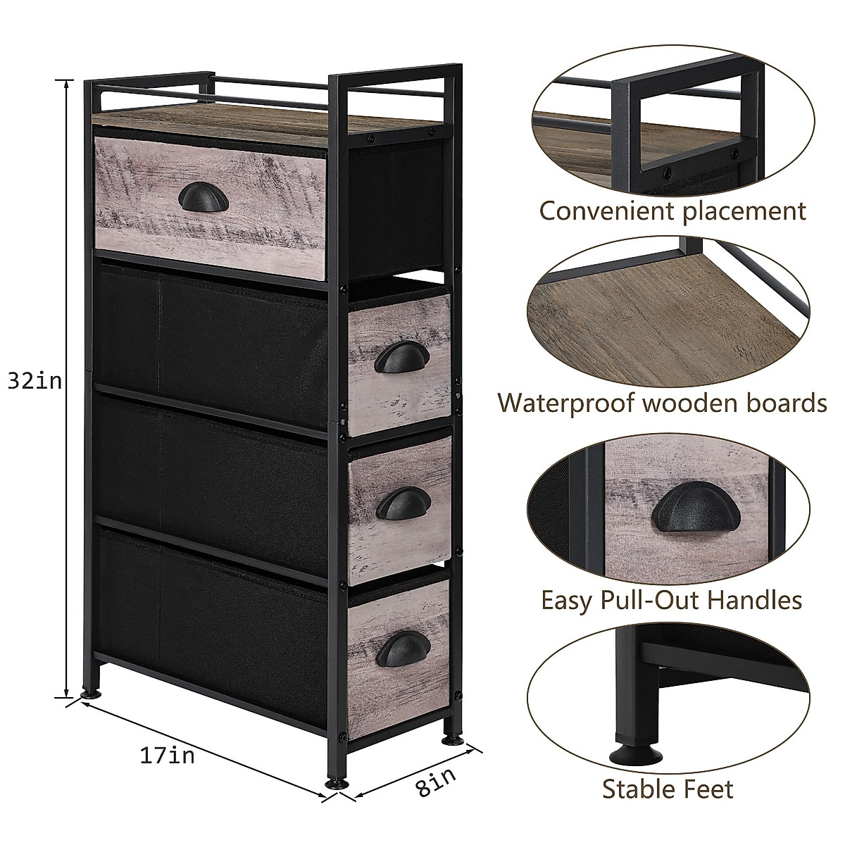 MOOACE Narrow Dresser Storage Tower with 4 Drawers, Slim Dresser Chest of Drawers, Vertical Small Fabric Dresser Standing, Wood Top Organizer for Bedroom, Bathroom & Laundry, Black/Greige