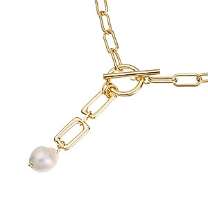 Itcoery Women’s 18K Gold Baroque Pearls Necklace Paperclip Link Chain Toggle Clasp Chunky Irregular pearl necklace