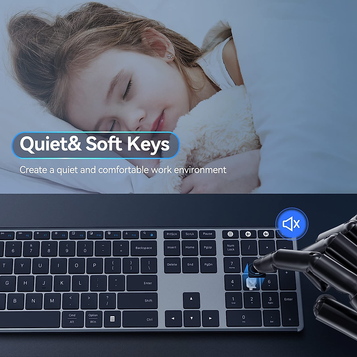 AUSDOM Wireless Bluetooth Keyboard Full Size, Quiet Slim Multi-Device Rechargeable Cordless QWERTY Keyboard with Number Pad, Low Profile Silent Flat Universal Keyboard for Computer/Mac/Windows