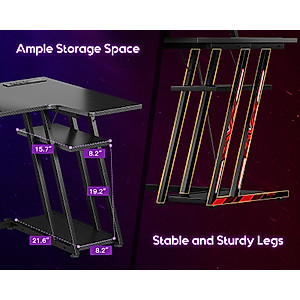 MOTPK Small Gaming Desk with LED Lights & Power Outlets, 39 Inch L Shaped Gaming Computer Desk with Storage Shelf, Gamer Desk with Monitor Stand, PC Gaming Table with Carbon Fiber Texture, Black