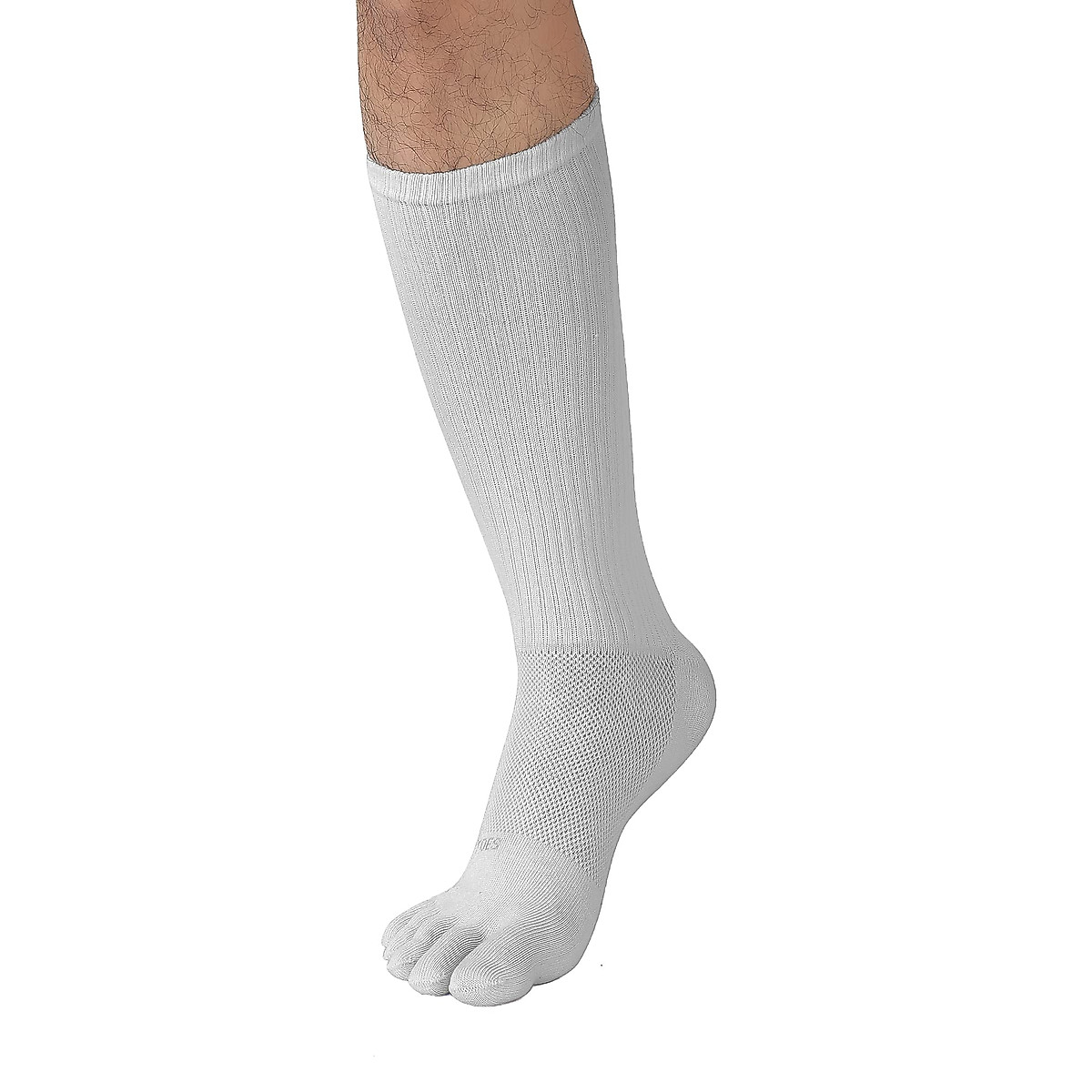FUN TOES Men Crew Toe Socks Athletic Running Socks - Arch Support - Proper Toe Alignment - Breathable Mesh Top - Soft and Stretchy Value 6 Pairs Pack size 6-12 (White)