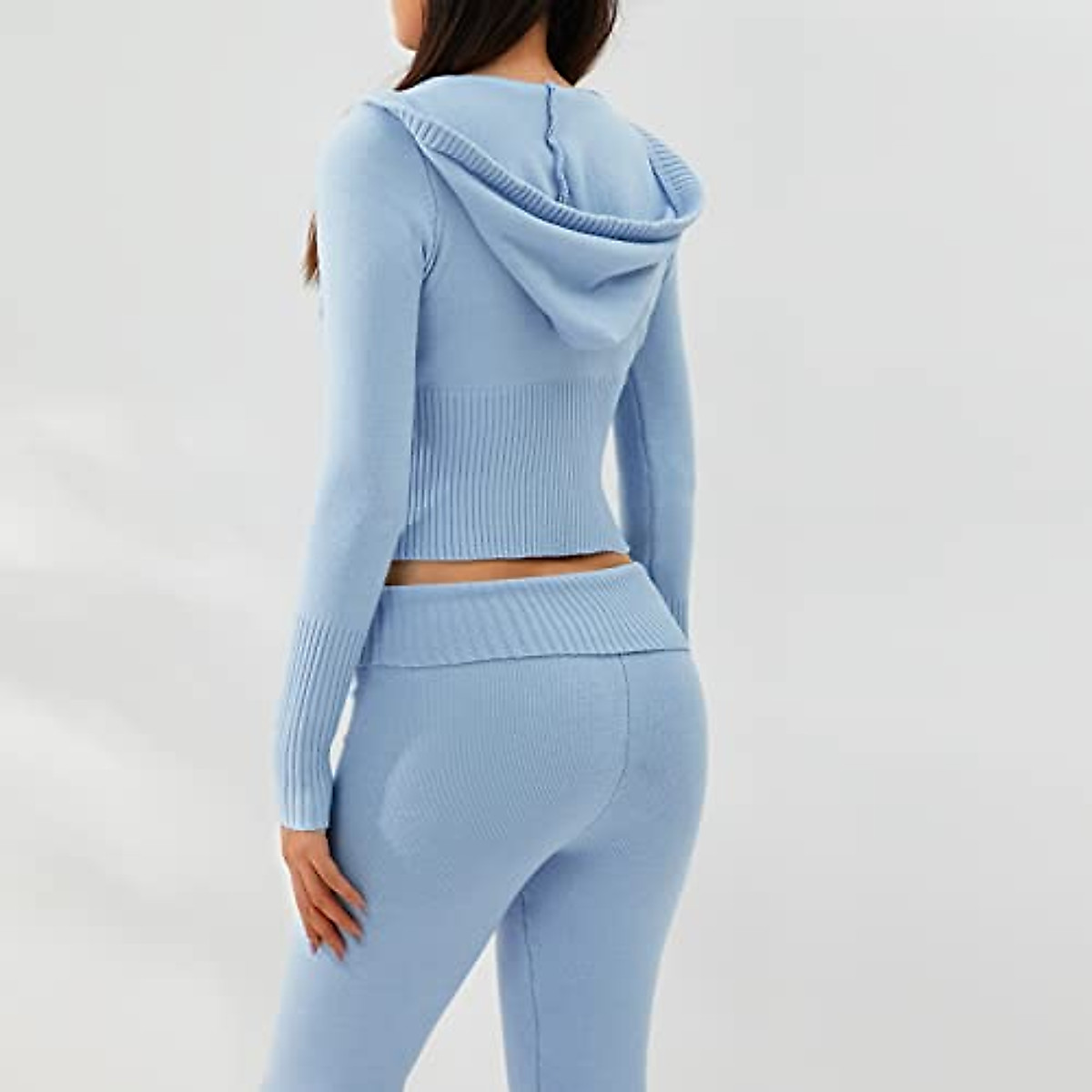 Women Ribbed Knit 2 Piece Outfits Long Sleeve Zipper-Up Slim Fit Hooded Crop Tops High Waist Long Pants Loungewear A Blue