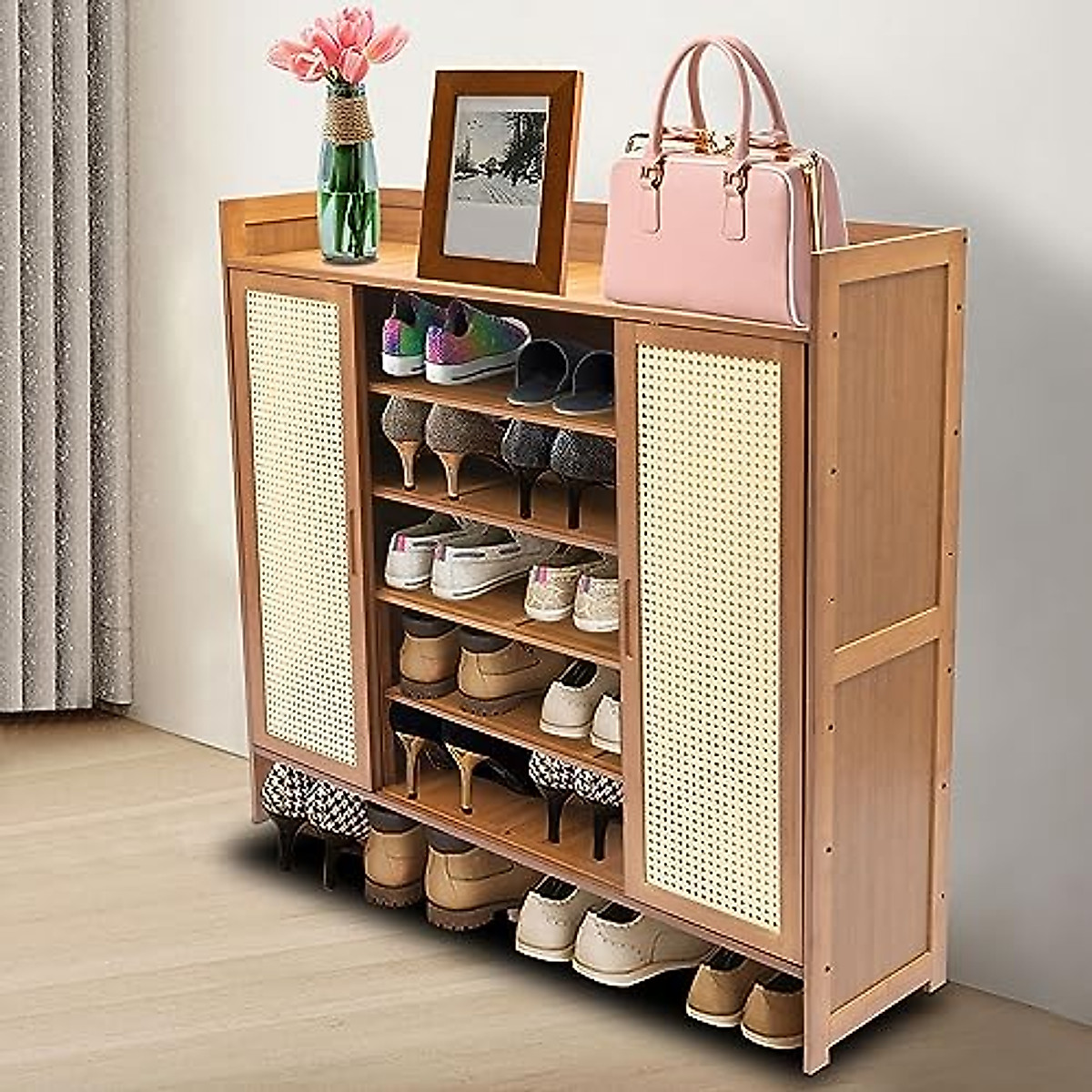 kunghei 6-Tier Large Shoe Cabinet or Home Organizer Cabinet Shoe Rack with Doors, Bookshelf Entryway Shoe Storage Cabinet with Storage Shelves for Entryway, Hallway, Closet, Living Room