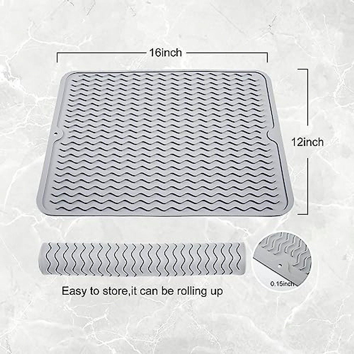Silicone Dish Drying Mat - Dish Drying Mat for Kitchen Counter - Built-in Drain Lip - Easy to Clean - Eco-Friendly - Heat Resistant Mat for Kitchen Counter Sink or Drawer Liner - Gray