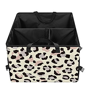 BOLIMAO Car Trunk Organizer Animal Fur Leopard Print Back Seat Large Storage Bag with Detachable Dividers Collapsible Trunk Cargo Organizer Tote Bag for Groceries SUV Camper Camping Picnic