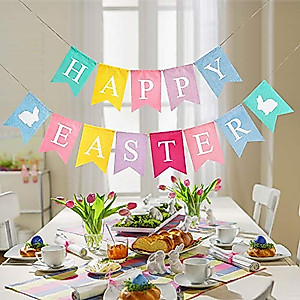 Easter Banner, Burlap Happy Easter Egg Garland, Mantle Decorations for Fireplace, Easter Bunny Hanging Bunting Garland for Easter Decorations Home Party Decor Favors Photo Props