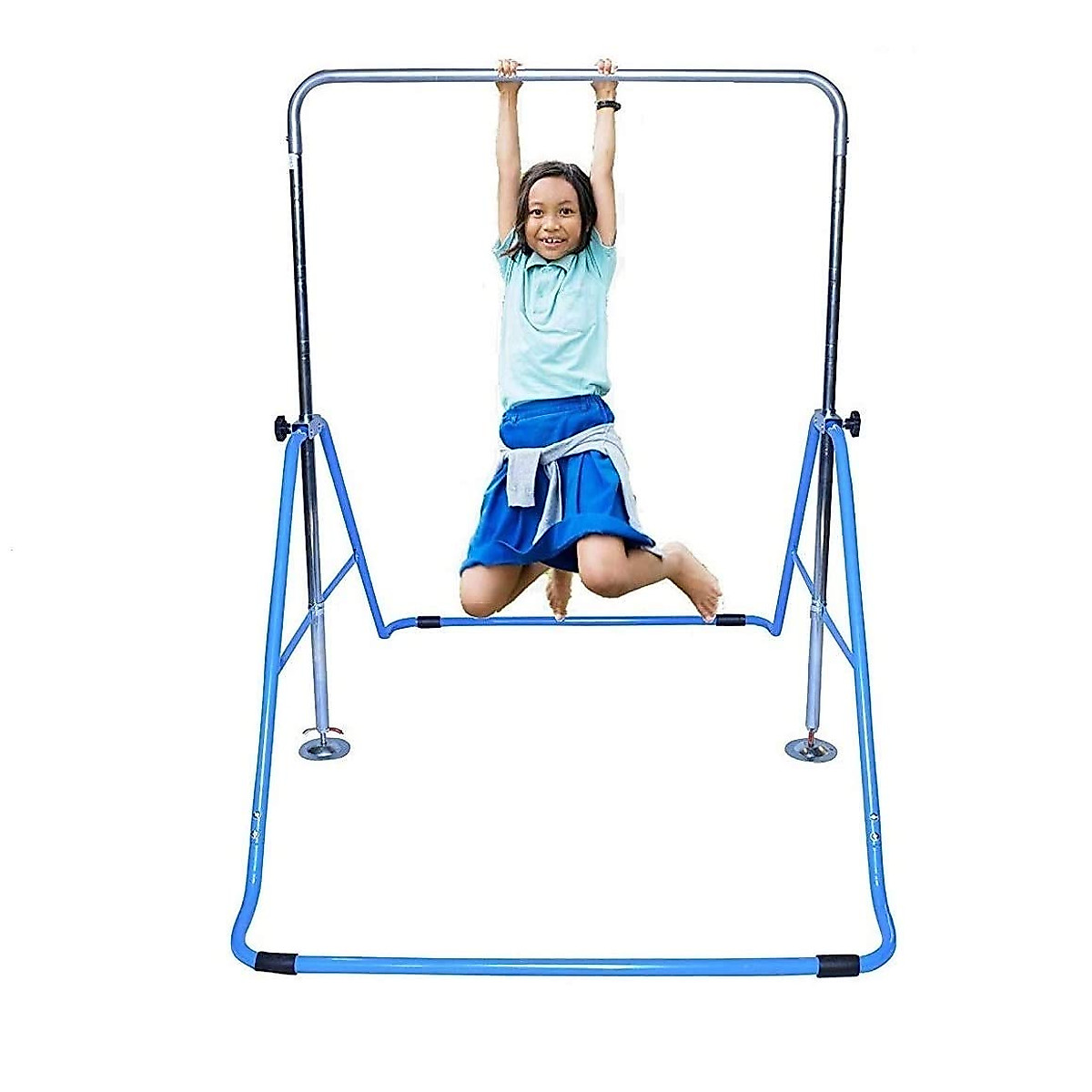 Gymnastics Training Bar for Kids Home Expandable Folding Kip Bar 4 in 1 Set with Swing Seat, 2 Trapeze Rings | Horizontal Bar Junior Gymnastic Equipment Height Adjustable Monkey Bars Jungle Gym Blue
