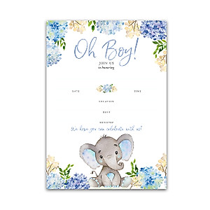 BLUE ELEPHANT Baby Shower INVITATIONS — Pack of 25 — BABY BOY Blank Fill-in Baby Shower INVITES, Oh Baby, Blue Floral BABY ELEPHANT BOY Baby Sprinkle Little Peanut Invitation SKU I531-INV1