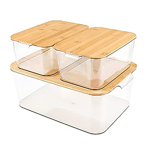 ANMINY Clear Plastic Storage Bins with Removable Bamboo Lids Handles Stackable Lidded Kitchen Food Container Box Basket Set Decorative Clothes Laundry Home Closet Cabinet Shelf Cube - 1 Large 2 Small