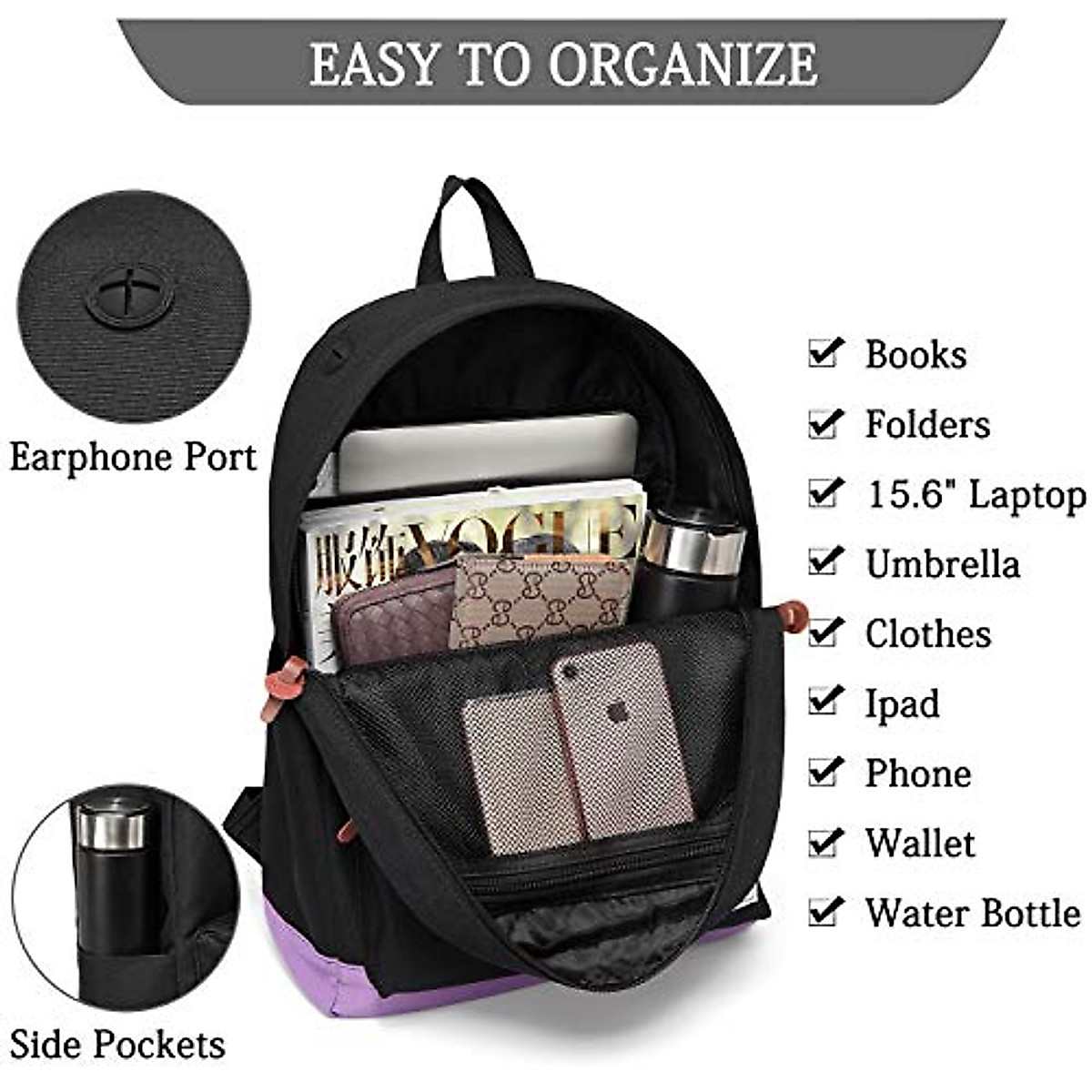 Backpack for Teen Girls, Vaschy Unisex Classic Water Resistant School Backpack Fits 15Inch Laptop (Black Purple)