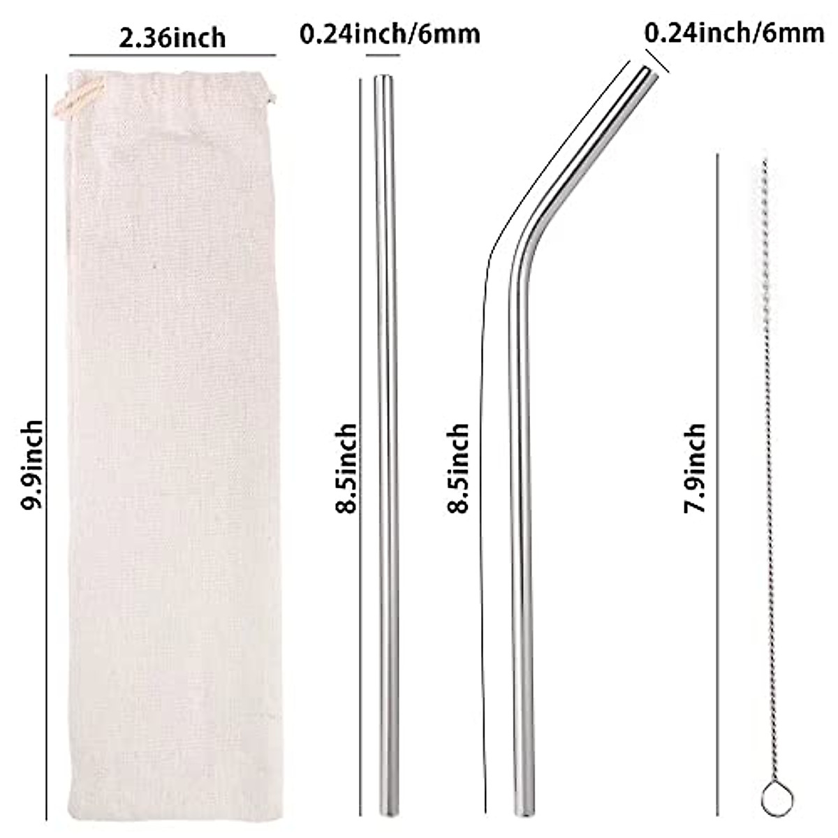 8 Pack Silver Reusable Metal Straws Stainless Steel Straws with Silicone Tip & Travel Case & Cleaning Brush for 20-30oz Yeti Tumblers Dishwasher Safe Eco-friendly Portable