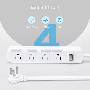 Flat Plug Power Strip, Surge Protector with 6 Ft Extension Cord, 4 Outlets, 15A ,125V, 1875W,300 J, Wall Mounted Power Strip for Home, Office, White