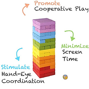 Pidoko Kids Wooden Stacking Building Blocks (49 Pcs) - Colorful Tumbling Blocks Board Games for Family Game Night - Montessori Toys Gifts, includes Storage Bag