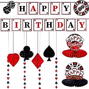 11 Pieces Casino Birthday Party Decorations Set, Includes Poker Happy Birthday Banner, 6 Casino Honeycomb, 4 Poker Card Hanging Swirls for Casino Poker Theme Birthday Party Supplies