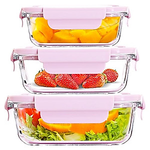 ATRDTO 6 Pieces Rectangle Glass Food Storage Containers with Lids, Meal Prep Containers for Food Storage, BPA Free & Leak Proof (3 lids & 3 Containers) 13.9oz, 24oz, 35oz (Pink)