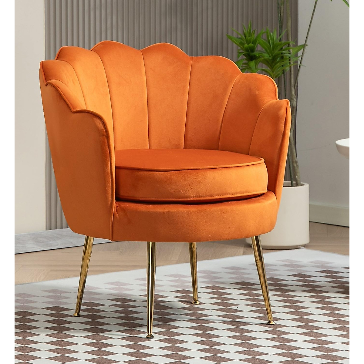 US Pride Furniture Velvet Barrel Chair, Stylish Accent with Scalloped Backrest and Gold Metal Legs, Suitable for Traditional, Modern, and Contemporary Living Rooms, Orange