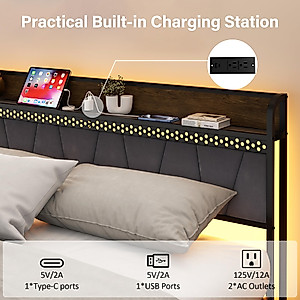 CXVX King Size Bed Frame with Storage Headboard, Metal Platform Bed Frame with 4 Storage Drawers and Charging Station & LED, Metal Support, Noise-Free, No Box Spring Needed, Easy to Assemble