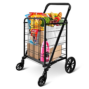 SereneLife Folding Grocery Utility Shopping Supermarket Cart with 360 Rolling Swivel Wheels, Large Capacity 110 lbs, Portable, Collapsible Compact Folding, for Grocery, Laundry, Luggage