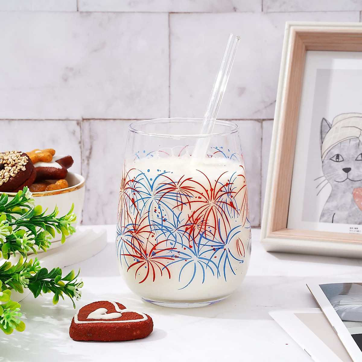 Whaline 2Pcs Patriotic Stemless Wine Glasses 17oz Red Blue Firework Drinking Glasses Firework Tumbler Cups Independence Day Party Cups for Celebration 4th of July Party Supplies Kitchen Decor Gifts