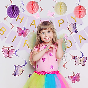 meowtastic Purple Birthday Decorations - Purple Happy Birthday Banner with Honeycomb Ball, Butterflies Hanging Swirl Streamer, Circle Dot Garland Decoration - Birthday Party Decoration for Women Girl