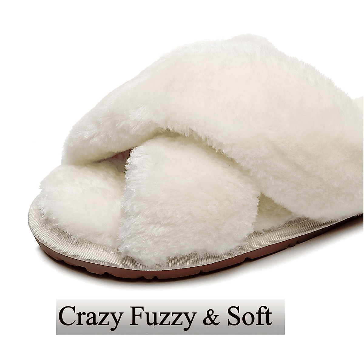 Crazy Lady Women's Fuzzy Fluffy House Slippers Cute Plush Memory Foam Shoes Cross Band Indoor Outdoor Open Toe Sandals(06/White, 7-8)