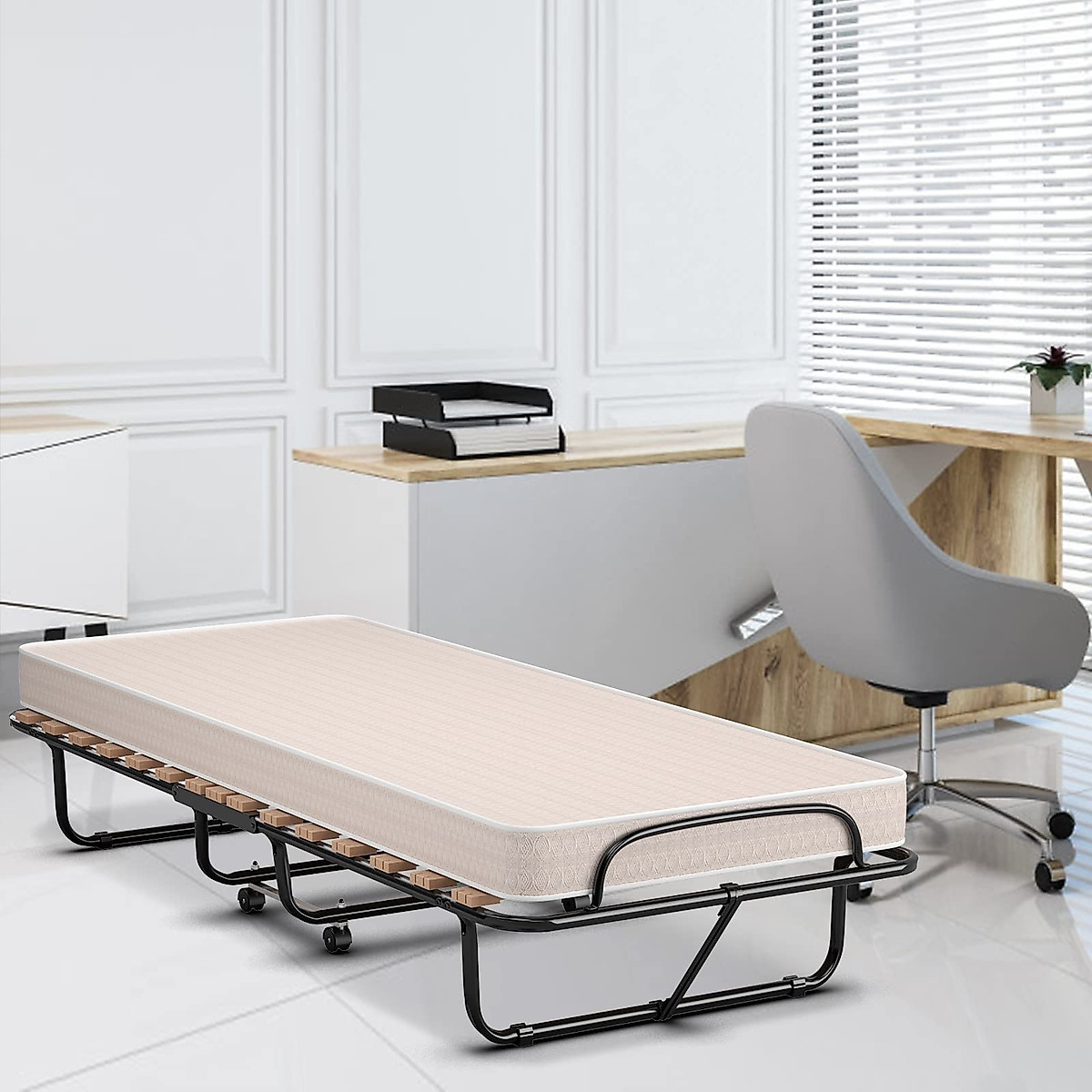 KOMFOTT Folding Rollaway Bed with 4" Mattress, Foldable Rollaway Bed with Memory Foam Mattress for Adults, Portable Fold Up Guest Bed with Sturdy Steel Frame on Wheels for Home & Office, Made in Italy