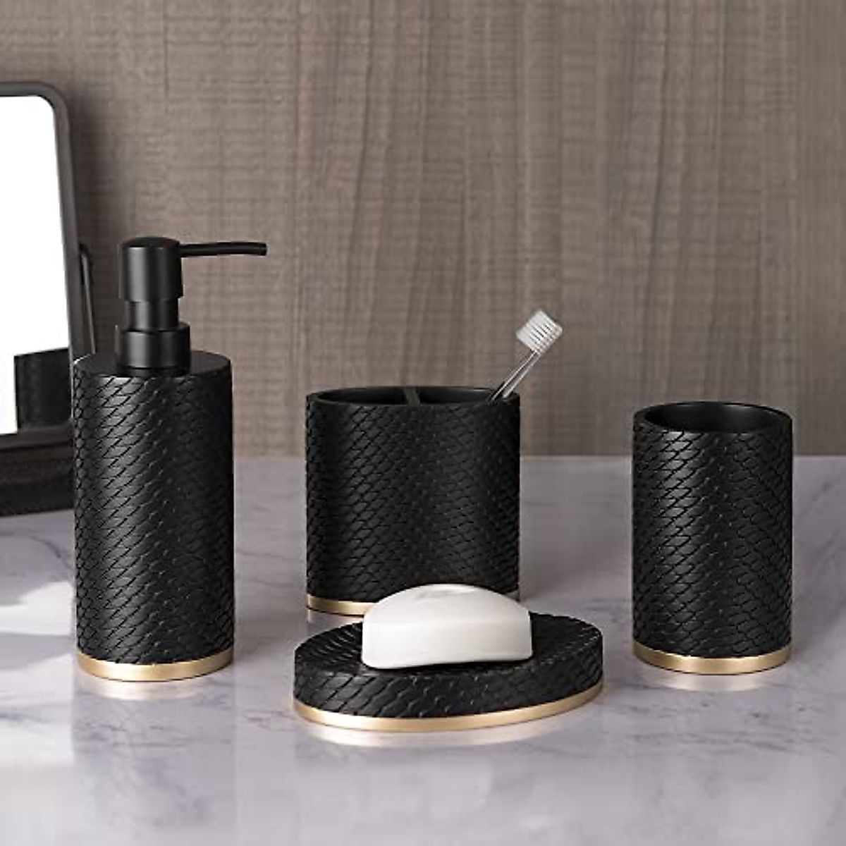 Allure Home Creation Amal 4-Piece Resin Bathroom Accessory Set Black w/Brushed Gold Finish