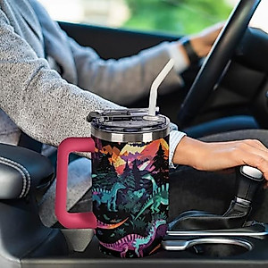 LLUTSNTH 40 Oz Vacuum Tumbler with Light Rose Red Handle Leakproof Insulated Tumbler Colorful Dinosaurs Stainless Steel Travel Mug with Lid And Straw Coffee Cup Cute Water Bottles Cup Holder Friendly