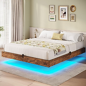 BTHFST Floating Bed Frame Full Size with LED Lights, Industrial Wooden Metal Full Platform Bed, Solid and Stable, Noise Free, No Box Spring Needed, Easy Assembly