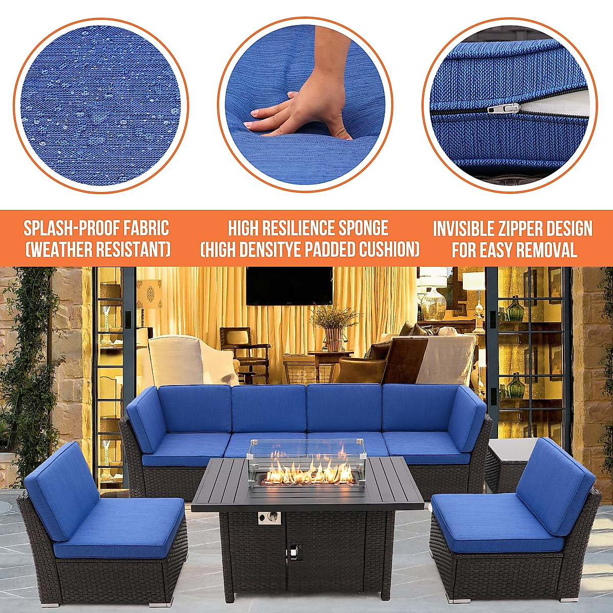 8 Pieces Outdoor Patio Furniture Set with 46" Propane Fire Pit Table, Brown PE Wicker Patio Furniture Sectional Sofa, 55,000 BTU Auto-Ignition Firepit w/Glass Wind Guard