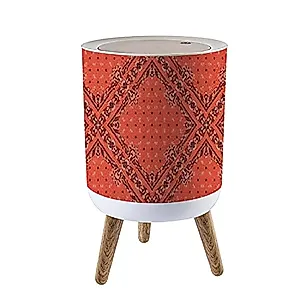 Small Trash Can with Lid Seamless Based on Ornament Paisley Bandana Print Vintage Style Silk Wood Legs Press Cover Garbage Bin Round Waste Bin Wastebasket for Kitchen Bathroom Office 7L/1.8 Gallon
