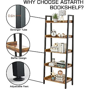 ASTARTH Ladder Shelf-5 Tier Bookshelves w/Open Shelf for Storage, Industrial Bookshelf & Tall Ladder Shelf-Metal Frame for Bedroom, Living Room, Kitchen-67.3'' H, Easy Assembly, Rustic Brown