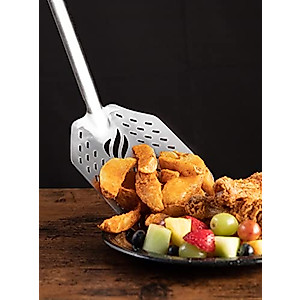 Blackstone 5282 Frying Tongs and Skimmer Spatula Set for Barbeque and Grilling 1 Long Handled Tong with Square Hang Loop, 1 Large Slotted Air Fryer Basket Scoop, Stainless Steel, Silicone Grip