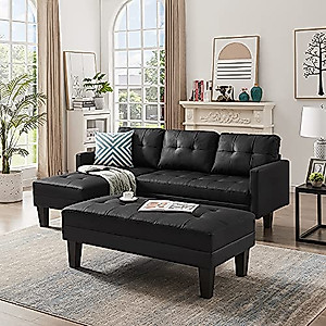 UBGO Living Room Modular, 3 Piece Furniture Set, PU Faux Leather Sectional,Convertible Bed,L-Shape Sofa Chaise Lounge with Ottoman Bench for Office Apartment,Black