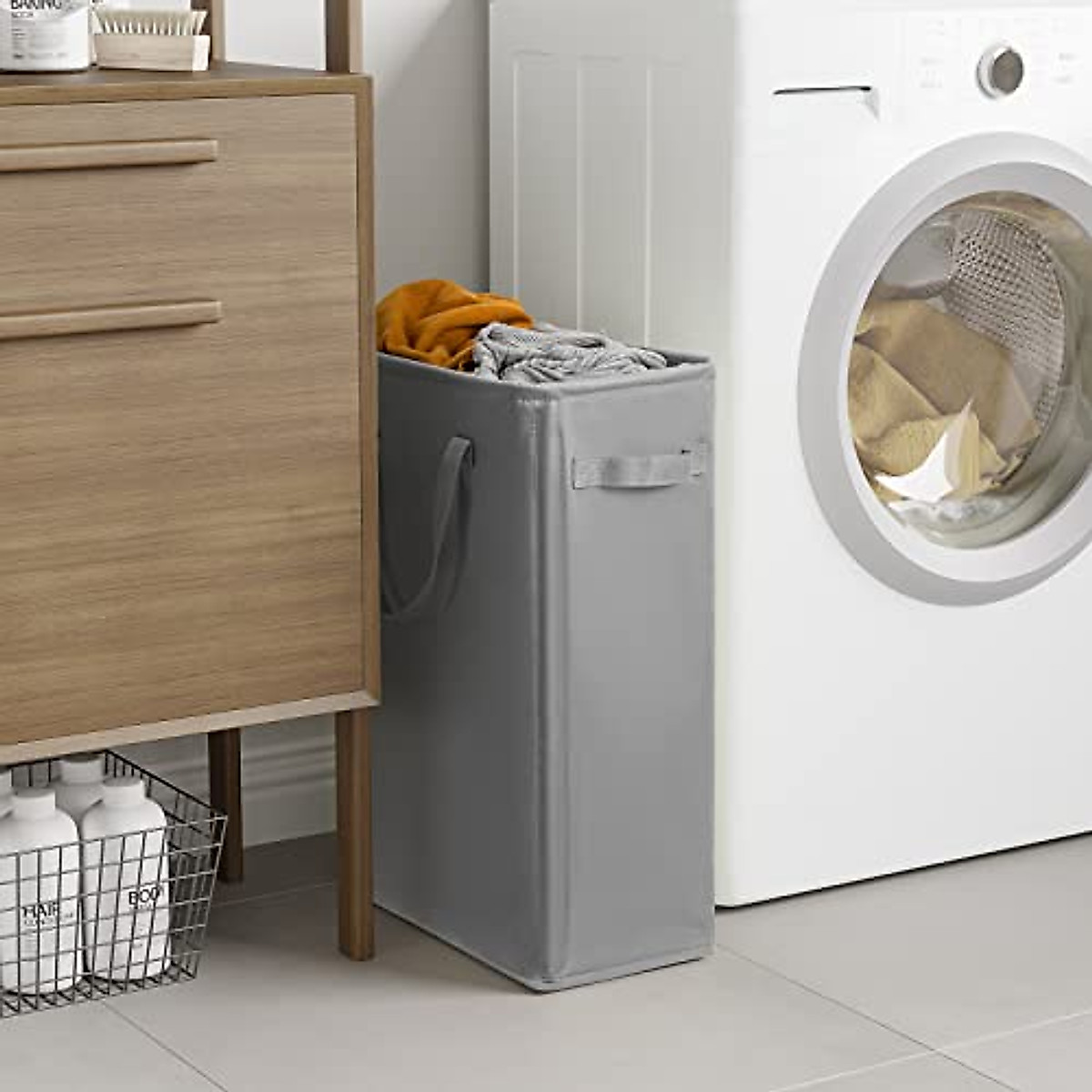 Chrislley 45L Slim Laundry Hamper Narrow Laundry Basket with Handle Foldable Dirty Clothes Portable Skinny Hamper Organizer Storage Bins (22 inches, grey)