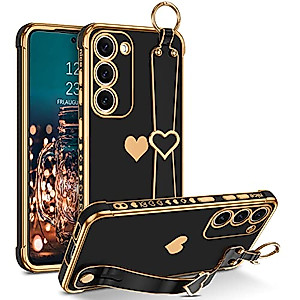 BENTOBEN Galaxy S23 Case, Phone Case Samsung S23 6.1", Slim Thin Shockproof Kickstand Holder Protective Soft TPU Bumper Drop Protection Cute Heart Girls Women Boys Men Samsung S23 Cover, Black/Gold