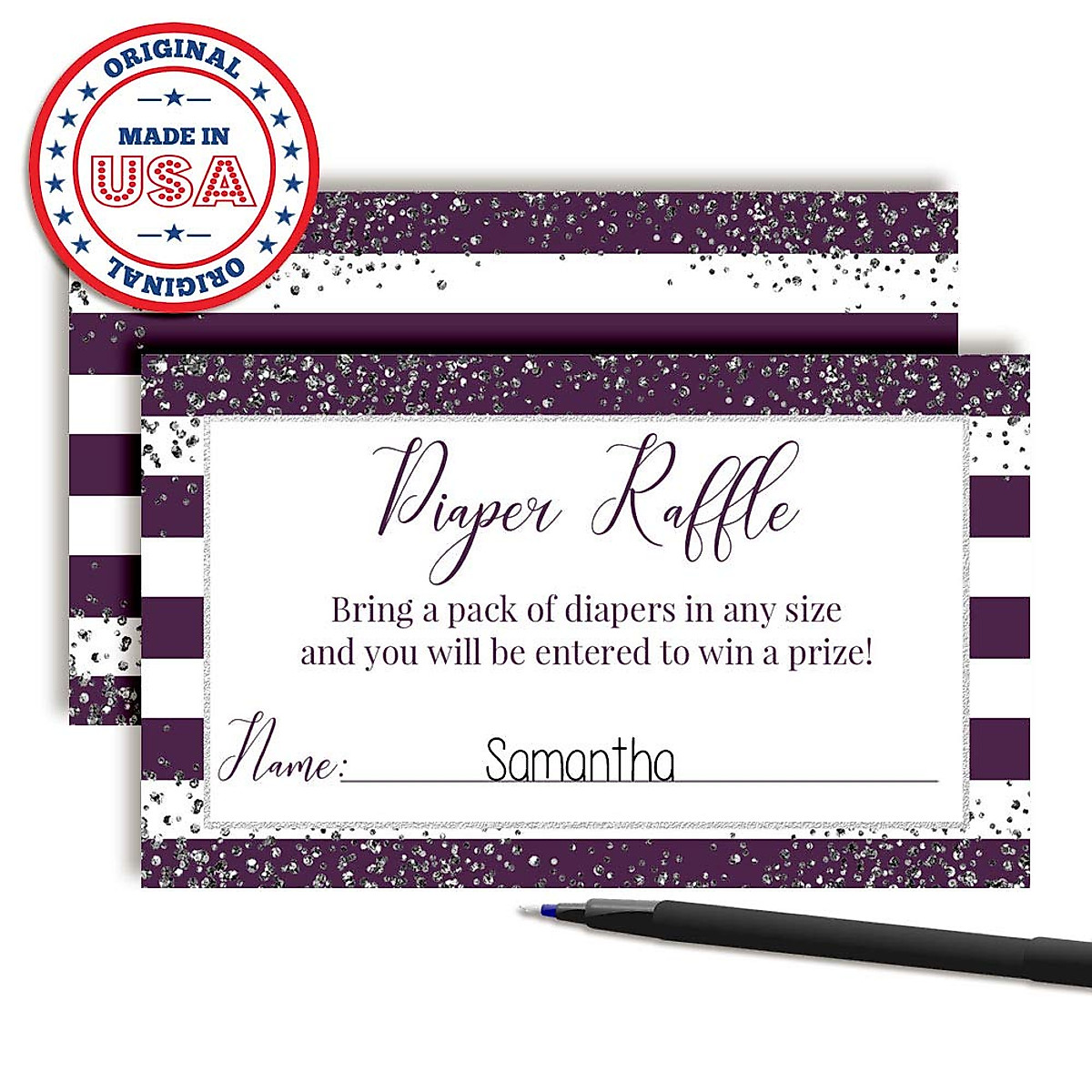 Beautiful Striped Purple & Silver Diaper Raffle Tickets for Girl Baby Showers, 20 2" X 3” Double Sided Insert Cards for Games by AmandaCreation, Bring a Pack of Diapers to Win Favors & Prizes!
