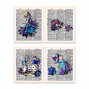 Alice in Wonderland Wall Art, 8x10 Set of 4 UnFramed Decor Prints in Blue Tones. Upcycled Vintage Style Dictionary Page. Ideal for Book Lover, English Teacher, Librarian and Lewis Carroll Fan