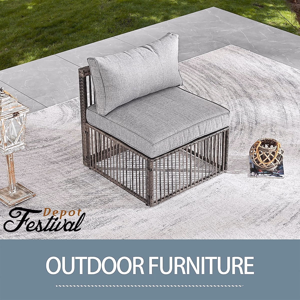 Festival Depot Wicker Patio Single Sofa, Outdoor Armless Chair, All-Weather Brown PE Rattan Couch Chair Waterproof Sectional Furniture for Balcony Garden Pool Lawn Backyard, Grey Thick Cushion