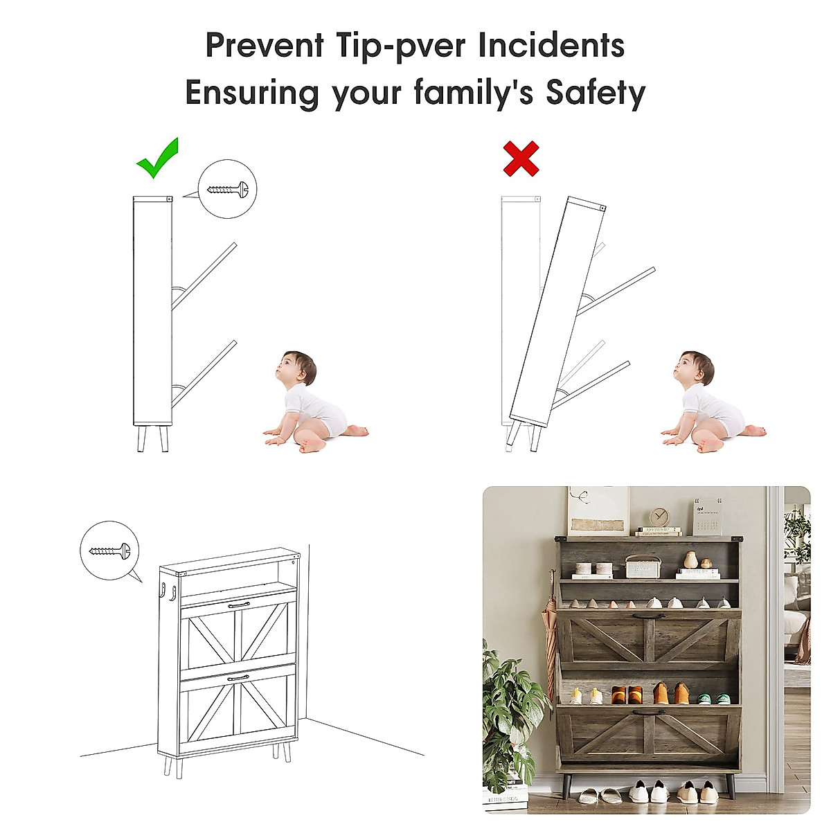 Vabches Shoe Storage Cabinet with 2 Flip Drawers,Shoe Cabinet with Open Storage,Entryway Shoe Storage with Barn Door Design,Slim Shoe Organizer Cabinet for Entrance/Hallway,Grey