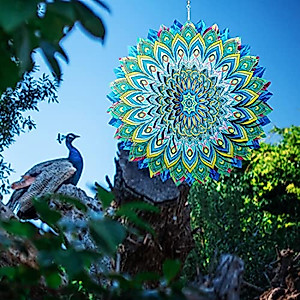 Peacock Wind Spinner,3D Kinetic Art Garden Sculptures,Sun Catcher Outdoor Metal Large Spinning Yard Decor,12in Green Bird Feather Style Spinner Hanging Ornaments,Big Craft Decorations for Patio Garden